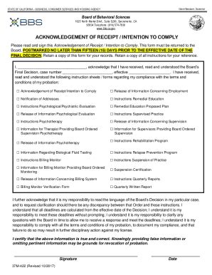 Fillable Online Bbs Ca Board Of Behavioral Sciences ACKNOWLEDGEMENT OF