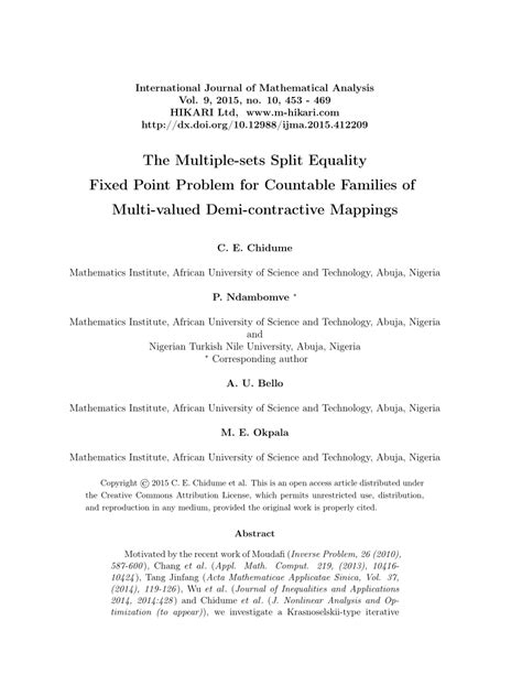 pdf c e chidume p ndambomve a u bello m e okpala the multiple sets split equality