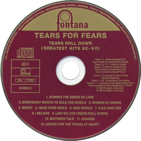 Car Tula Cd De Tears For Fears Tears Roll Down Greatest Hits