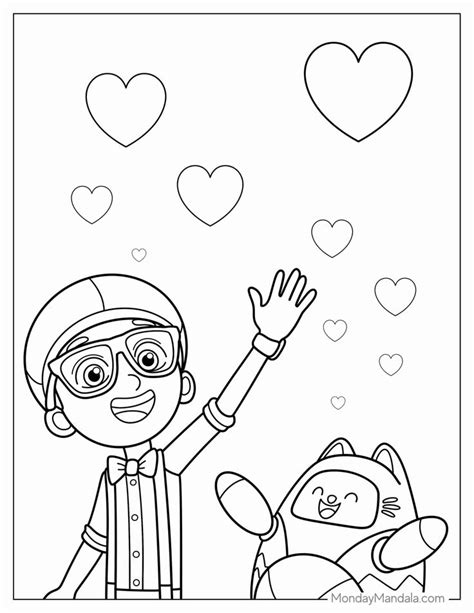 A Coloring Page With A Boy And His Cat In The Sky Hearts Above Him