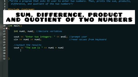 c program find sum difference product and quotient of two numbers c basic youtube