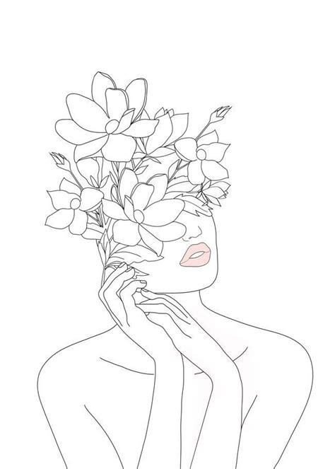 Minimal Line Art Frau Mit Magnolie Mini Art Print Von Nadja Ohne