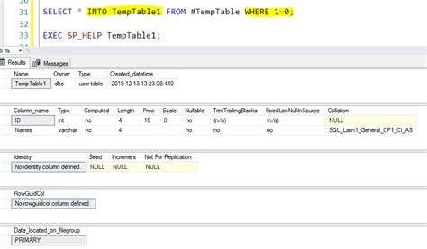 describe temp table columns in sql server stack overflow