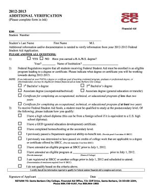 Fillable Online Sbcc 2012 2013 ADDITIONAL VERIFICATION Please Complete