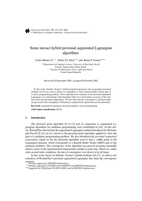 pdf some inexact hybrid proximal augmented lagrangian algorithms theory and practice in