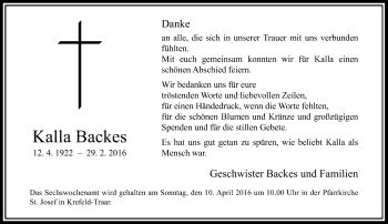 Alle Traueranzeigen für Kalla Backes trauer rp online de