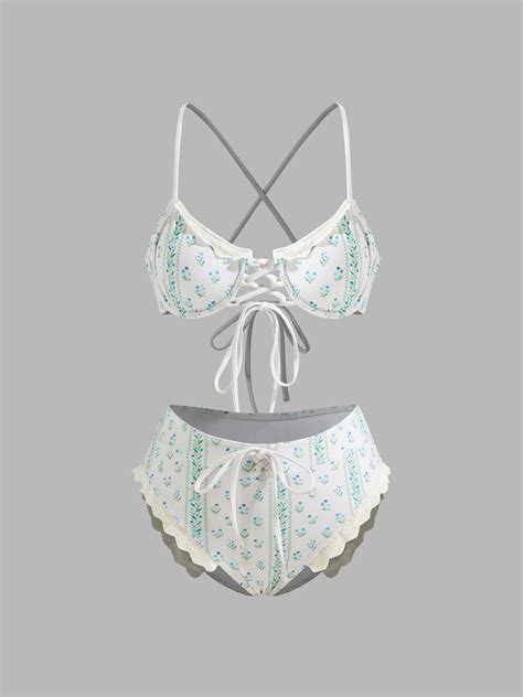 Tummy Control Floral Lace Trim Criss Cross Underwire Bikini Swimsuit