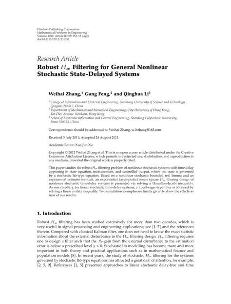 pdf robust h infinity filtering for nonlinear stochastic state delayed systems