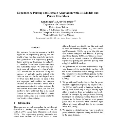 dependency parsing and domain adaptation with lr models and parser ensembles acl anthology