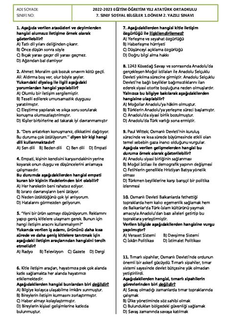 7 SINIF SOSYAL BİLGİLER 1 DÖNEM 2 YAZILI SINAVI TEST Sosyal