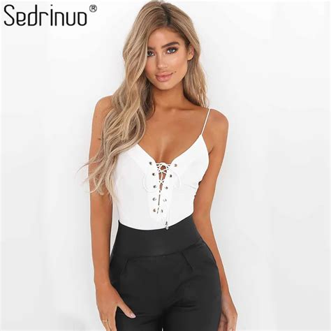Sedrinuo Lace Up Deep V Neck Halter Sleeveless Bodysuit Women Sexy Jumpsuit White Bodycon Women