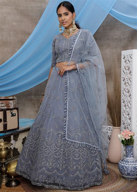 Grey Embroidered Net Lehenga Choli With Dupatta Atelier Yuwa Ciao Jp
