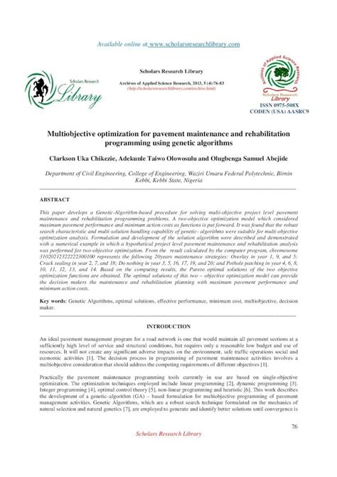 pdf multiobjective optimization for pavement maintenance and rehabilitation programming