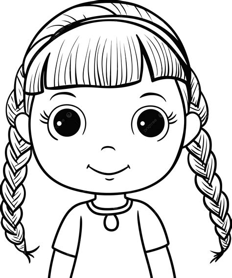 Niña Con Trenzas Para Colorear Página Esquema Boceto Dibujo Vector PNG
