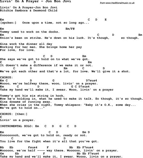 Song Livin On A Prayer By Jon Bon Jovi Song Lyric For Vocal
