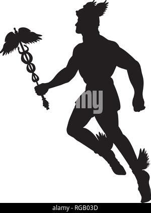 Ilustración de Roman dios griego Hermes o mercurio portando un caduceo