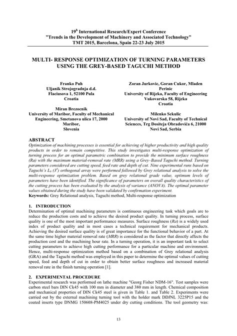 pdf multi response optimization of turning parameters using the grey based taguchi method
