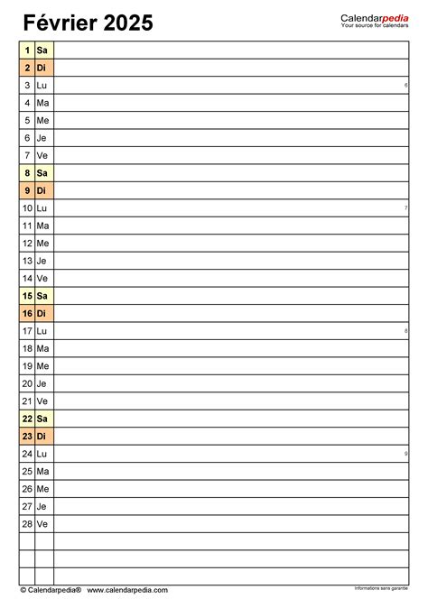 Calendrier février 2025 Excel Word et PDF Calendarpedia