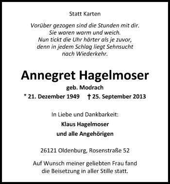Traueranzeigen Von Annegret Hagelmoser Nordwest Trauer De