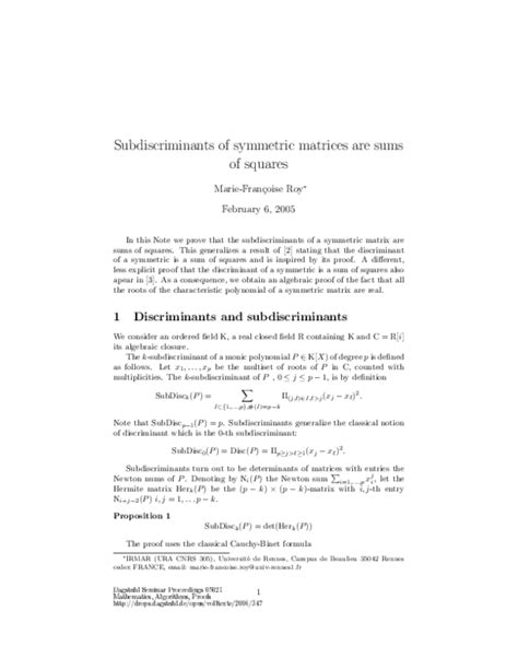 pdf subdiscriminant of symmetric matrices are sums of squares marie françoise roy