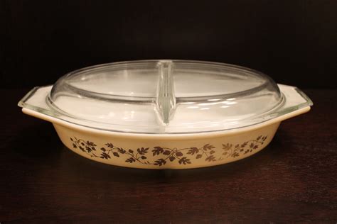 Vintage Pyrex Gold Acorn Divided Dish With Lid Haute Juice