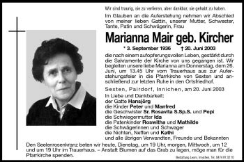Traueranzeigen Von Marianna Mair Trauer Bz