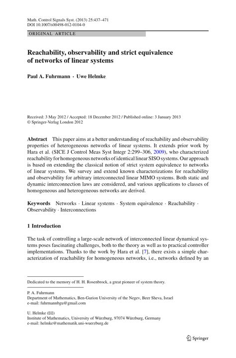 pdf reachability observability and strict equivalence of networks of linear systems