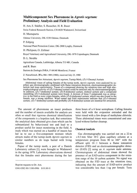 pdf multicomponent sex pheromone in agrotis segetum preliminary analysis and field evaluation