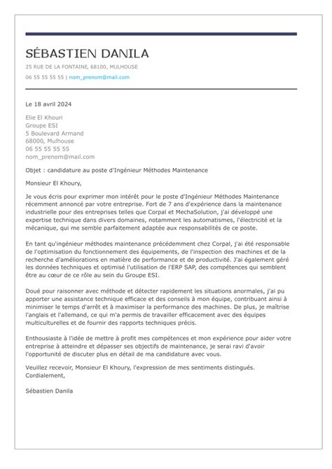 Exemple de lettre de motivation ingénieur 2024