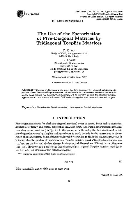 pdf the use of the factorization of five diagonal matrices by tridiagonal toeplitz matrices