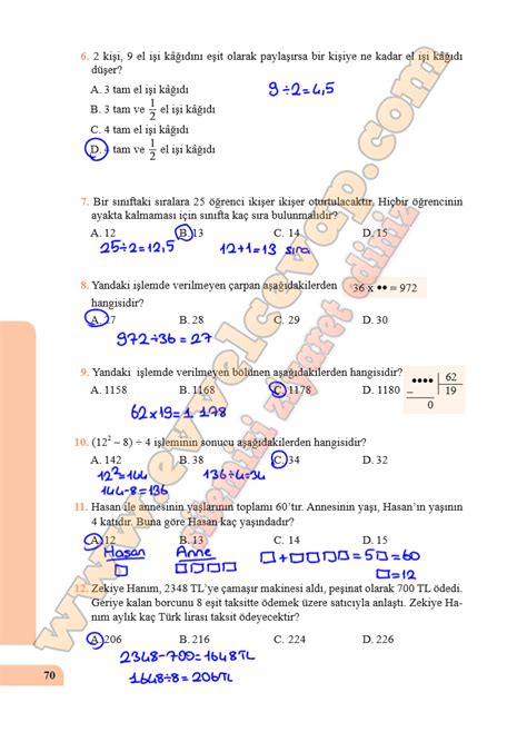 5 Sınıf Özgün Yayınları Matematik Ders Kitabı Cevapları Sayfa 69 70 71 72