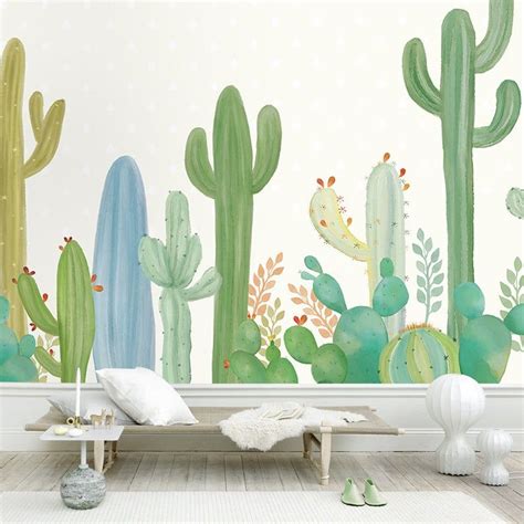 Watercolor Hand Painted Cactus Plants Wallpaper Wall Mural Etsy