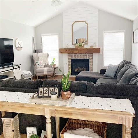Wood Console Behind Grey Couch Living Room Soul Lane