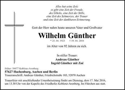 Traueranzeigen Von Wilhelm G Nther Rz Trauer De