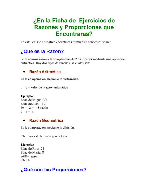 Razones Y Proporciones En La Ficha De Ejercicios De Razones Y