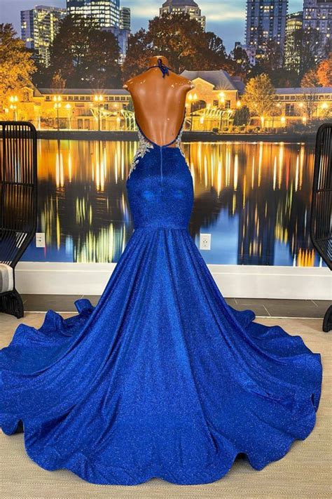 Daisda Halter Beautiful Royal Blue Mermaid Prom Dress With Appliques