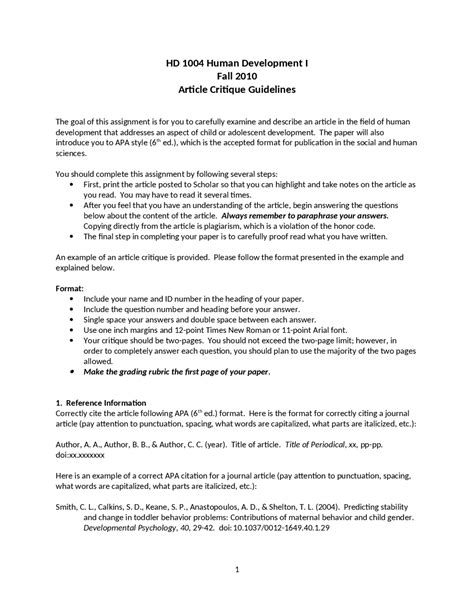 Article Critique Example Journal Article Critique Example