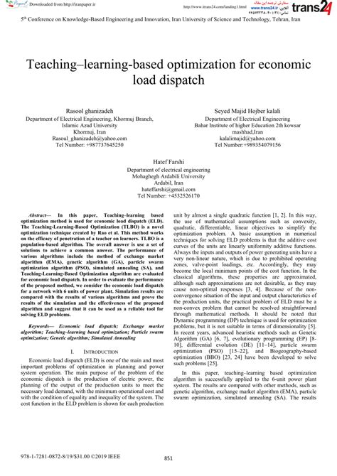 pdf teaching learning based optimization for economic load dispatch