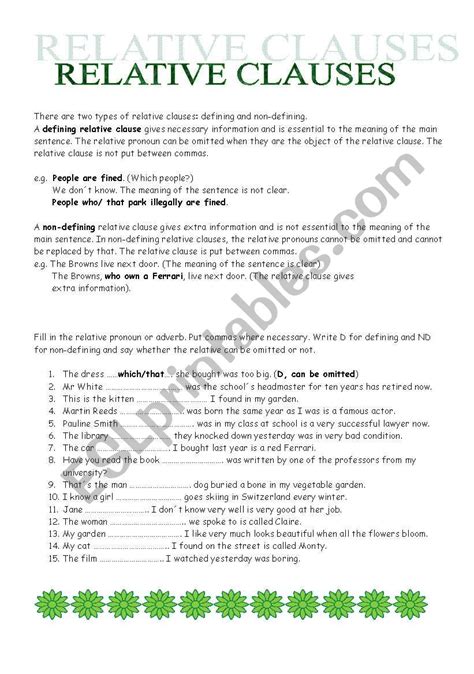 RELATIVE CLAUSES ESL Worksheet By Mirene