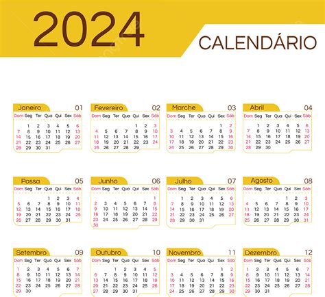 Calendário Amarelo Português 2024 PNG 2024 Português Calendário