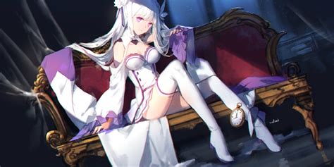 Wallpaper Boots Cleavage Couch White Dress Emilia Re Zero Long