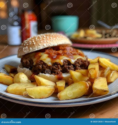 Baked Potatoes And Hamburger On A Plate Stock Illustration Illustration Of Tasty Meal 282012830