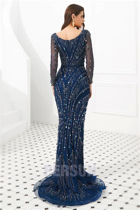 Robe de soirée sirène splendide bleu marine manche longue 2020 Persun fr