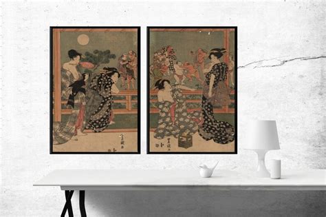 Asian Erotic Art Nude Japanese Women Vintage Print Set Of 2 Antique