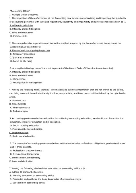 Accounting Ethics Accounting Ethics Multiple Choice Questions The