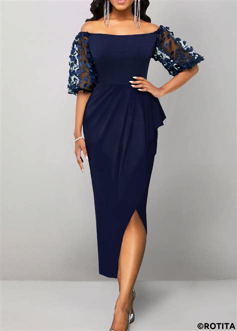 ROTITA Split Navy Off Shoulder Half Sleeve Bodycon Dress Rotita