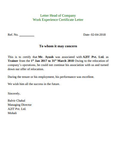Work Experience Letter Examples Format Pdf
