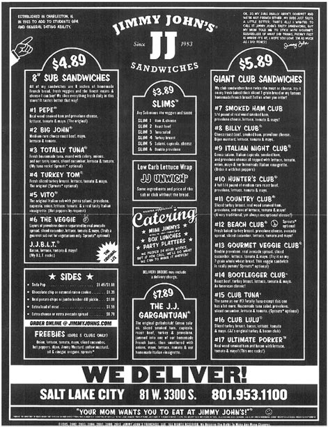 Printable Jimmy Johns Menu