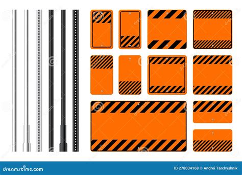 Warning Danger Signs Attention Banners With Metal Poles Blank Orange