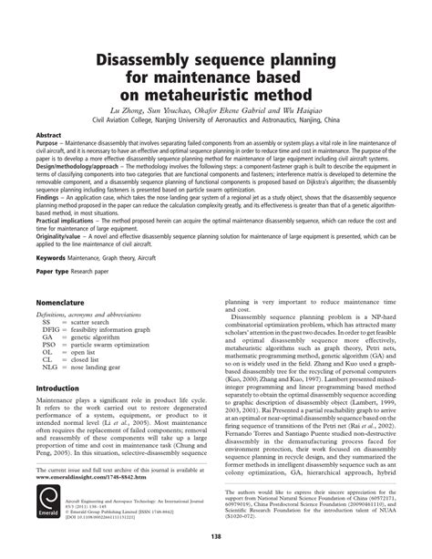pdf disassembly sequence planning for maintenance based on metaheuristic method